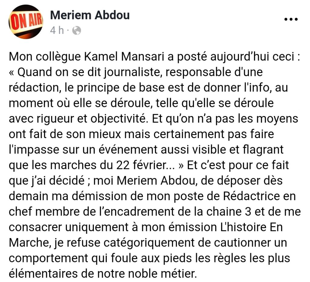 La journaliste Meriem Abdou aurait démissionné de la Chaîne 3 ...